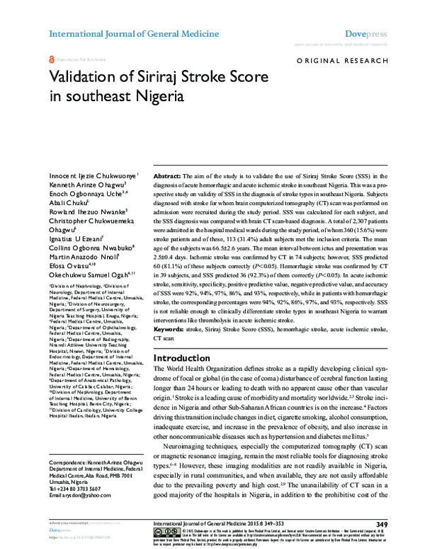 Validation of Siriraj Stroke Score in southeast Nigeria