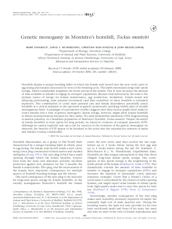 (PDF) Genetic monogamy in Monteiro's hornbill, Tockus monteiri