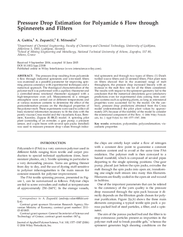 (PDF) Pressure drop estimation for polyamide 6 flow through spinnerets and filters
