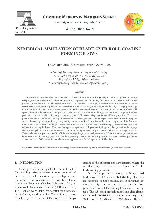 Pdf Numerical Simulation Of Blade Over Roll Coating Forming Flows