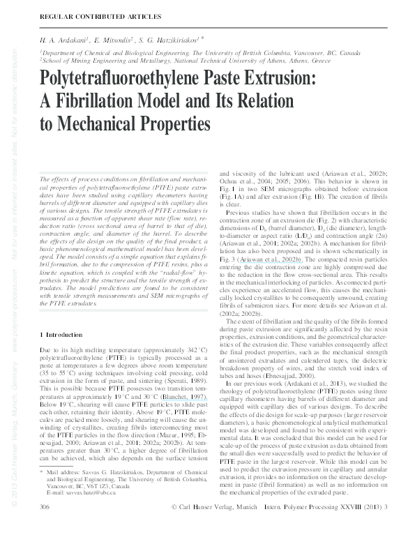 (PDF) Polytetrafluoroethylene (PTFE) paste extrusion: Experiments and ...
