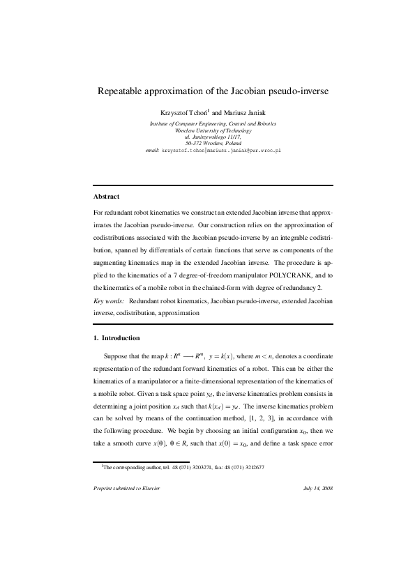 Pdf Repeatable Approximation Of The Jacobian Pseudo Inverse