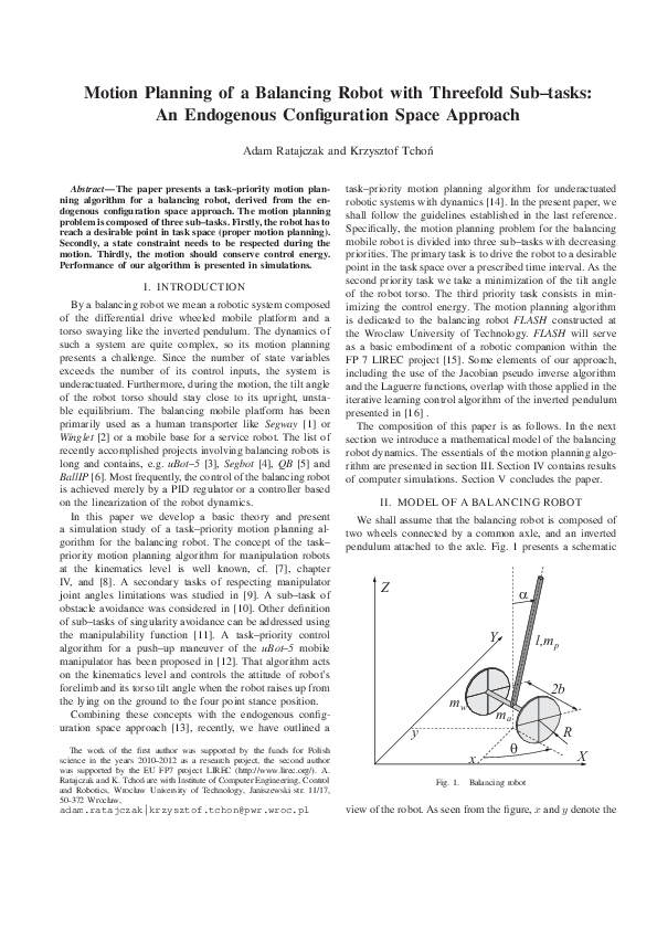 (PDF) Motion planning of a balancing robot with threefold sub-tasks: An endogenous configuration ...