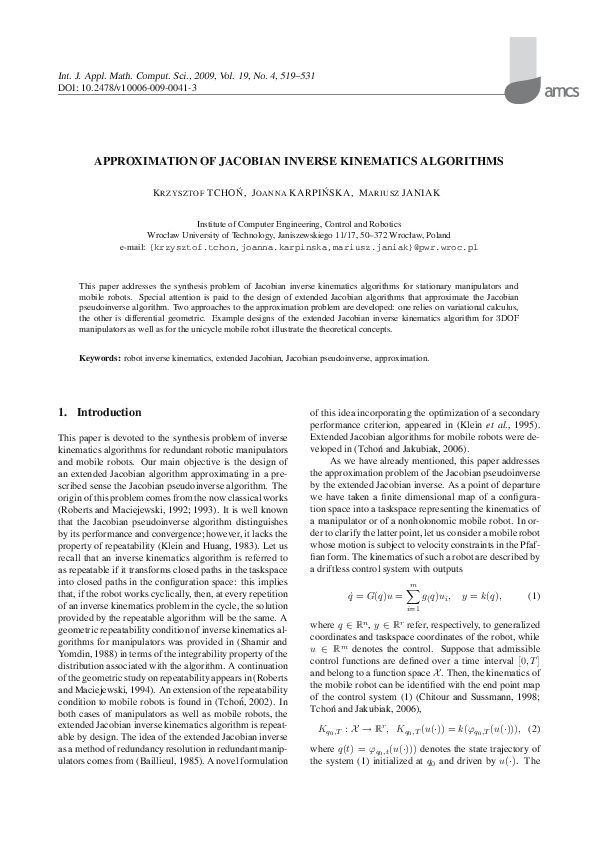 Pdf Approximation Of Jacobian Inverse Kinematics Algorithms