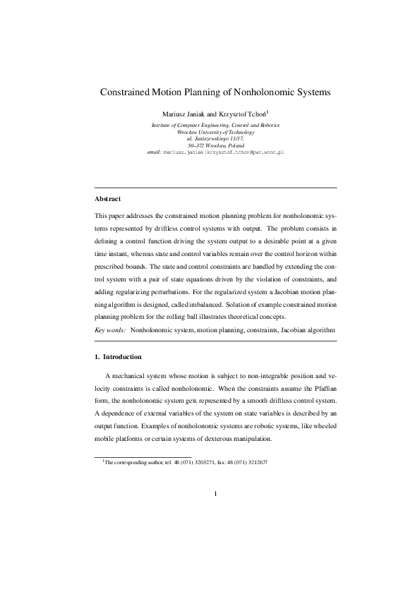 (PDF) Constrained motion planning of nonholonomic systems