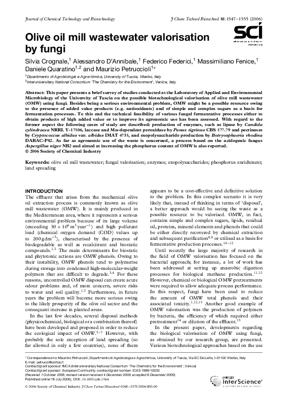 (PDF) Olive oil mill wastewater valorisation by fungi