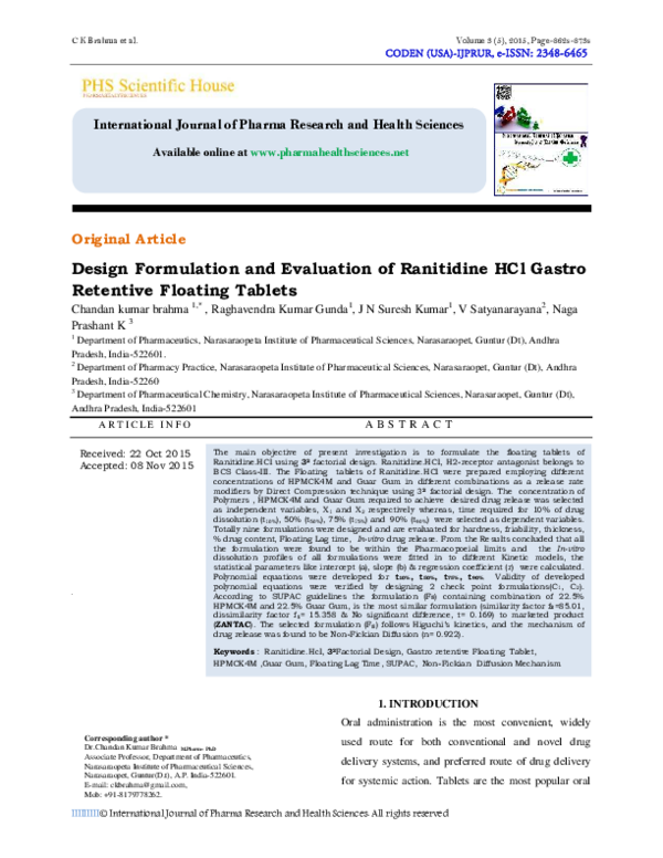 Pdf Design Formulation And Evaluation Of Ranitidine Hcl Gastro Retentive Floating Tablets