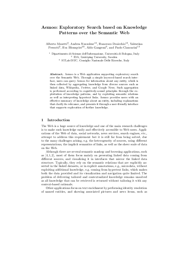 (PDF) Aemoo: Exploratory Search based on Knowledge Patterns over the Semantic Web | Andrea ...