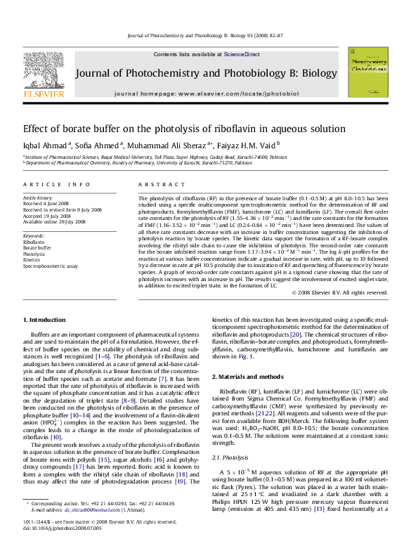 Pdf Effect Of Borate Buffer On The Photolysis Of Riboflavin In Aqueous Solution
