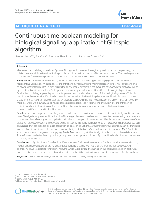Pdf Continuous Time Boolean Modeling For Biological Signaling Application Of Gillespie