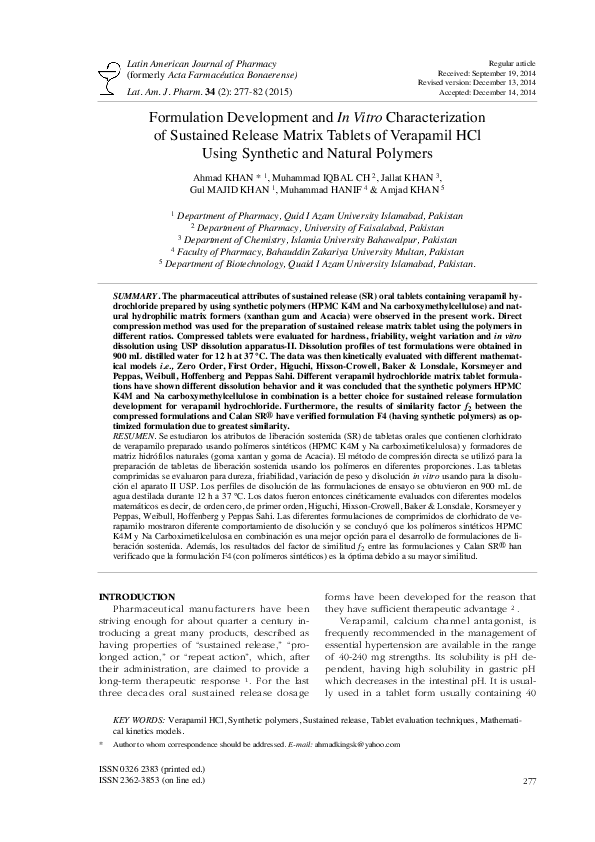 Pdf Formulation Development And In Vitro Characterization Of Sustained Release Matrix Tablets