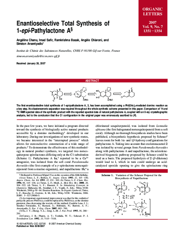 (PDF) Enantioselective Total Synthesis of 1- epi -Pathylactone A