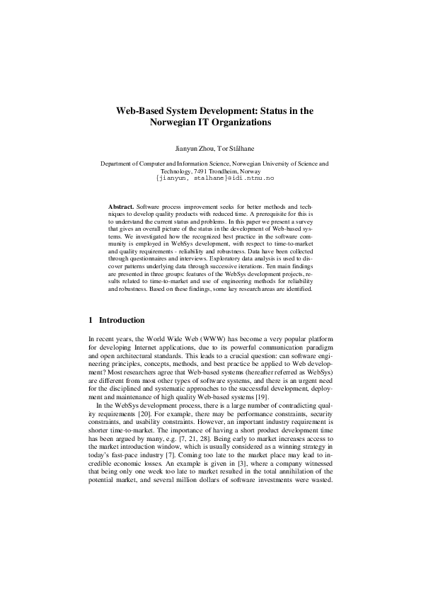 (PDF) Web-Based System Development: Status in the Norwegian IT Organizations | tor stålhane ...