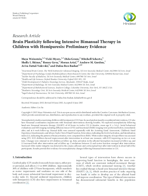 (PDF) Brain Plasticity following Intensive Bimanual Therapy in Children ...