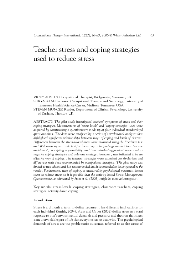 (PDF) Teacher stress and coping strategies used to reduce stress