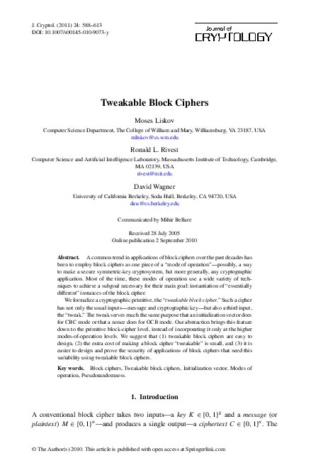 (PDF) Tweakable block ciphers
