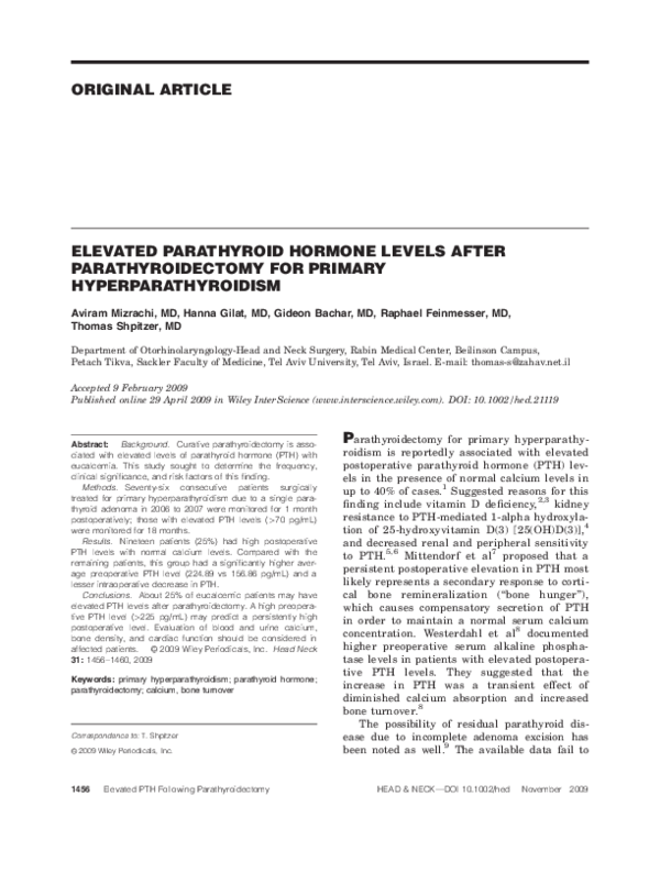 (PDF) Elevated parathyroid hormone levels after parathyroidectomy for ...