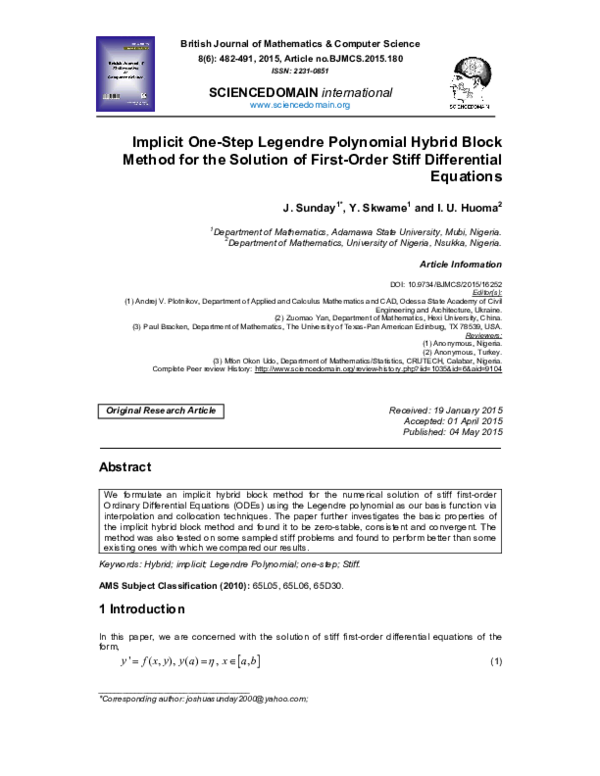 Pdf Implicit One Step Legendre Polynomial Hybrid Block Method For The Solution Of First Order Odes