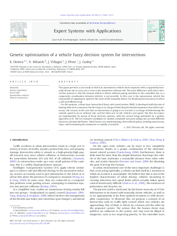 Pdf Genetic Optimization Of A Vehicle Fuzzy Decision System For Intersections