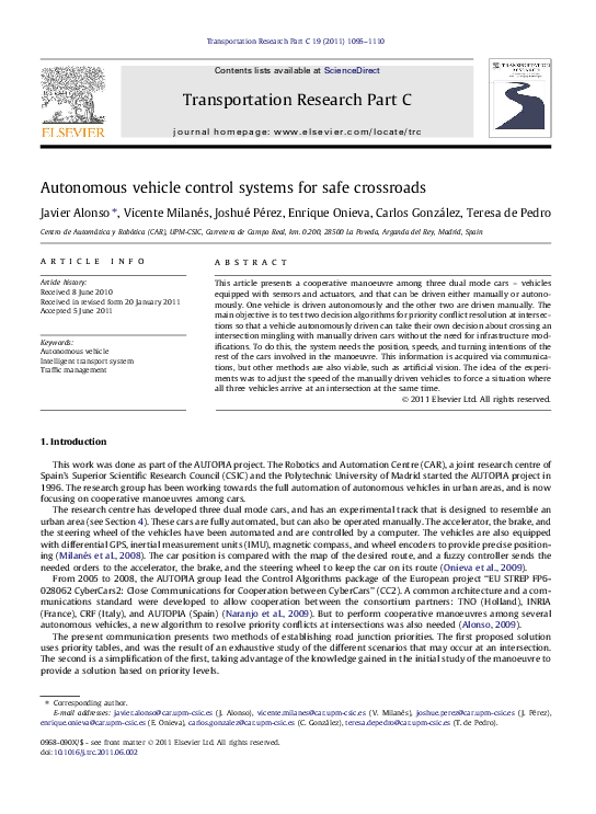 Pdf Autonomous Vehicle Control Systems For Safe Crossroads