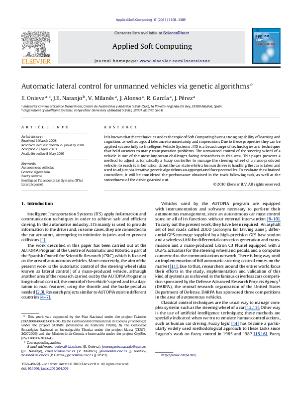 (PDF) Automatic lateral control for unmanned vehicles via genetic algorithms