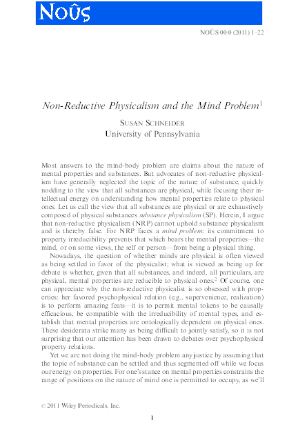 (PDF) Non-reductive Physicalism and the Mind Problem