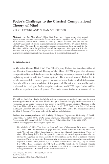 (PDF) Fodor's Challenge to the Classical Computational Theory of Mind