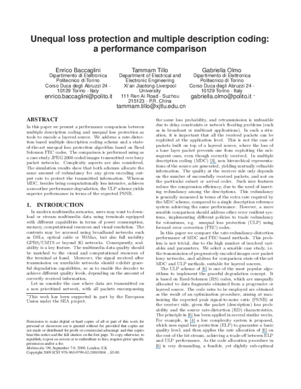 (PDF) Unequal loss protection and multiple description coding: a performance comparison