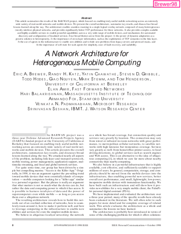Pdf A Network Architecture For Heterogeneous Mobile Computing Srinivasan Seshan