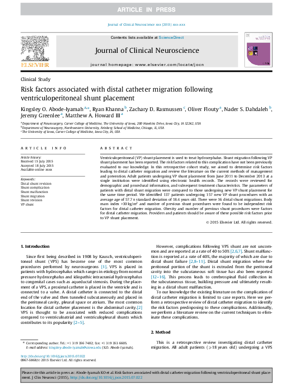 (PDF) Risk factors associated with distal catheter migration following ...