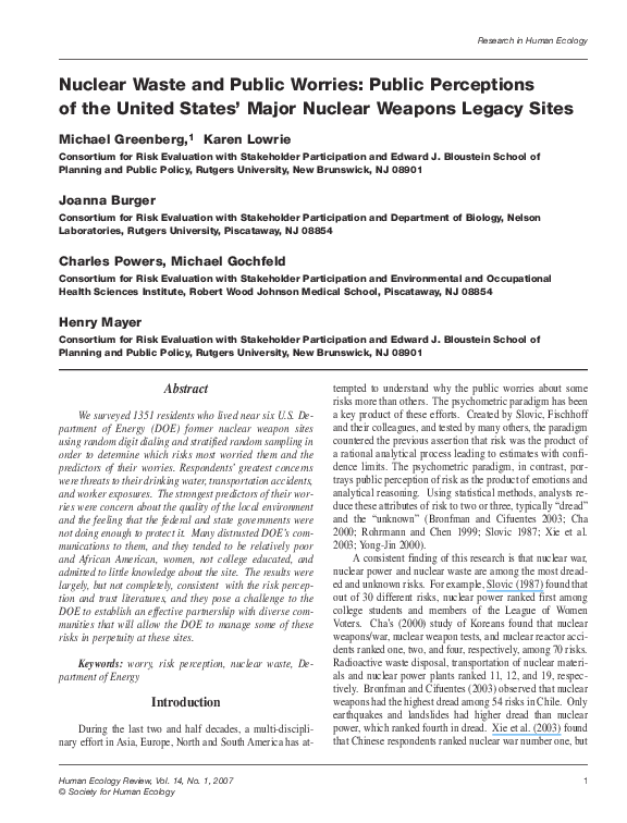 (PDF) Nuclear Waste and Public Worries: Public Perceptions of the ...