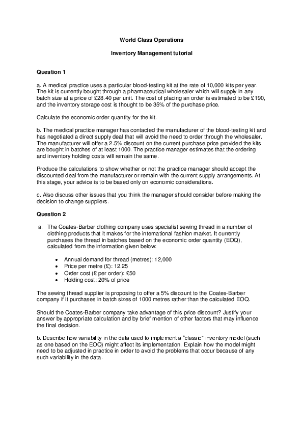 (PDF) World Class Operations Inventory Management tutorial