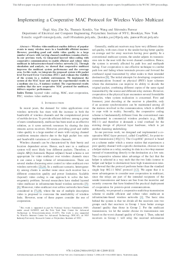 (PDF) Implementing a Cooperative MAC Protocol for Wireless Video Multicast