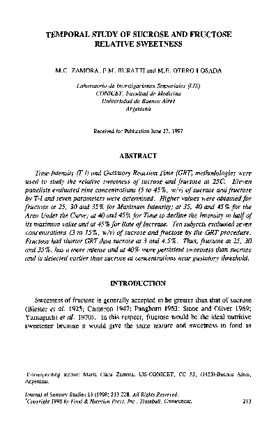 (PDF) TEMPORAL STUDY OF SUCROSE AND FRUCTOSE RELATIVE SWEETNESS