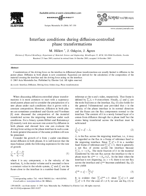 (PDF) Interface conditions during diffusion-controlled phase ...