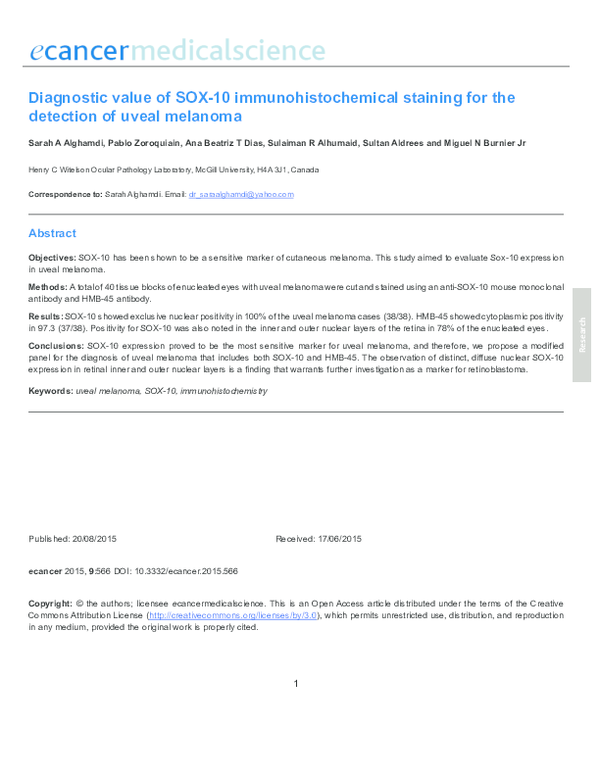 (PDF) Diagnostic value of SOX-10 immunohistochemical staining for the ...