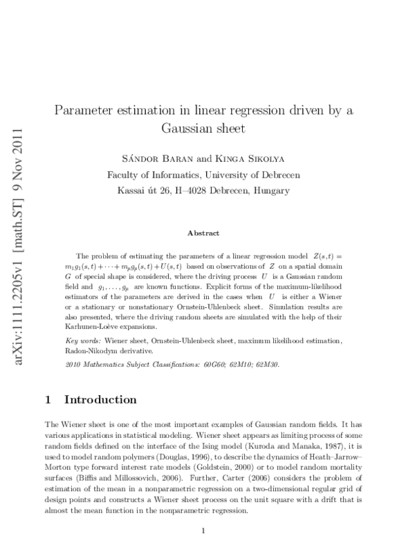 (PDF) Parameter estimation in linear regression driven by a Wiener sheet