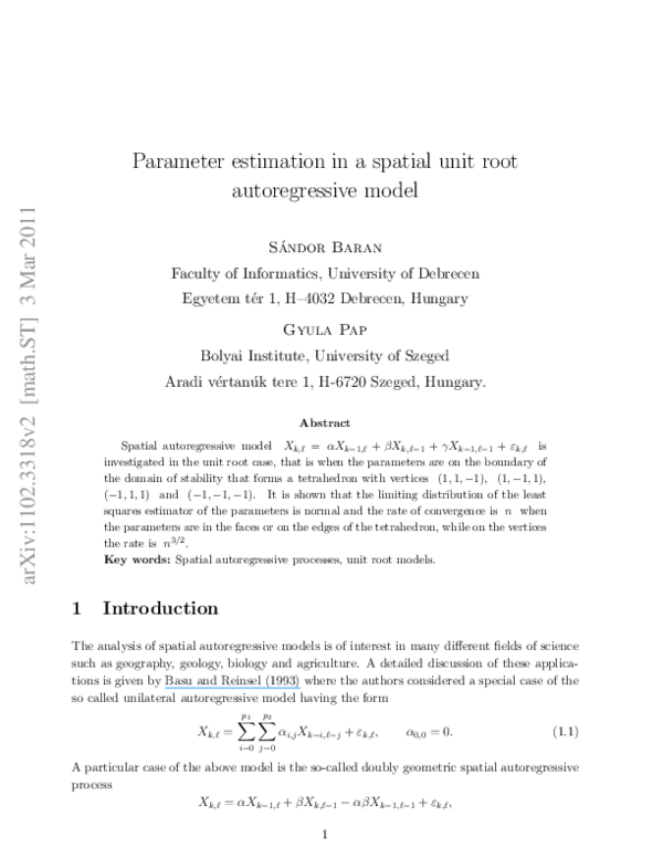 Pdf Parameter Estimation In A Spatial Unilateral Unit Root