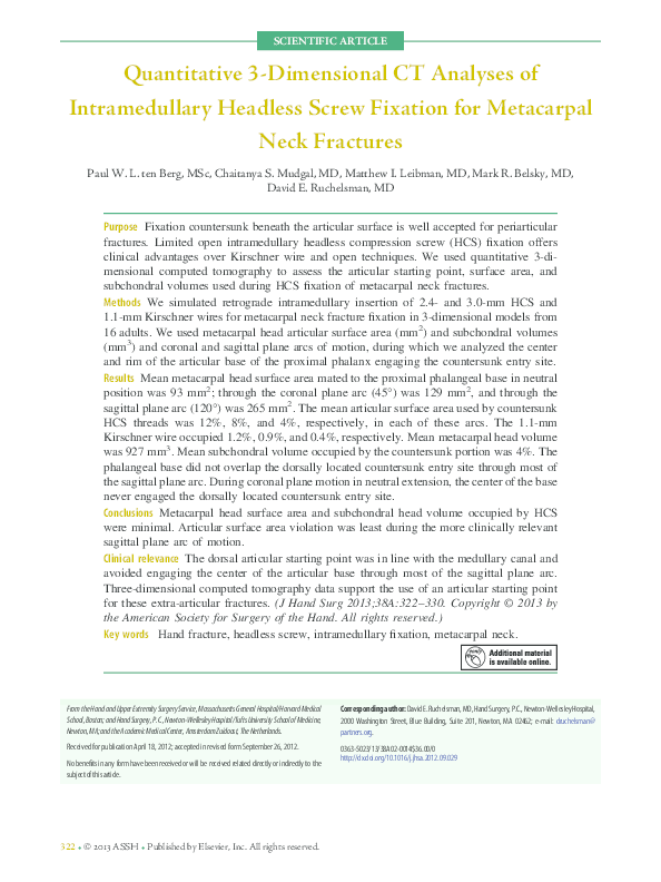 (PDF) Quantitative 3-Dimensional CT Analyses of Intramedullary Headless Screw Fixation for ...