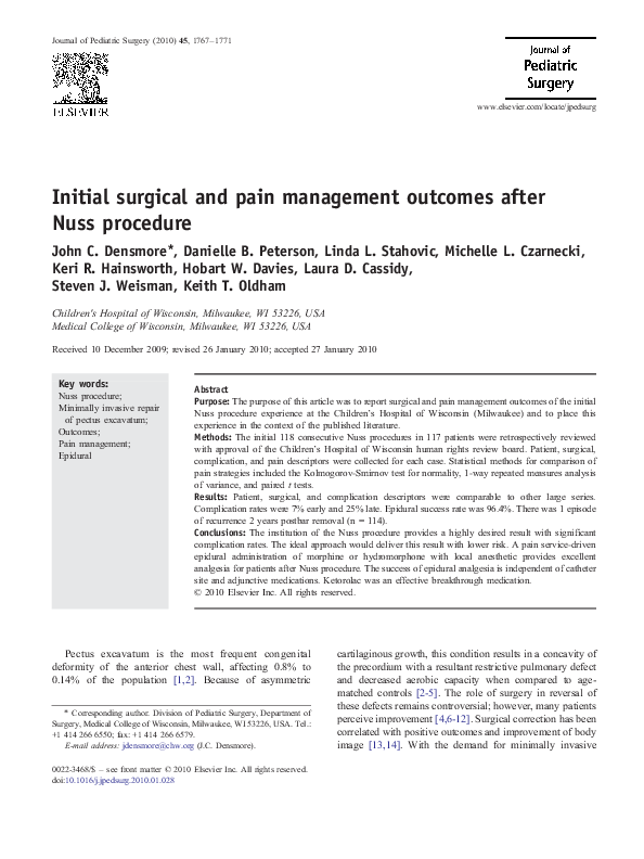 (PDF) Initial surgical and pain management outcomes after Nuss procedure