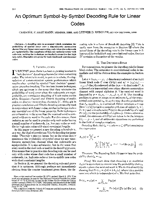 (PDF) An optimum symbol-by-symbol decoding rule for linear codes