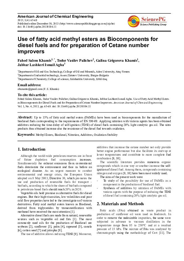 (PDF) Use of fatty acid methyl esters as biocomponents for diesel fuels ...