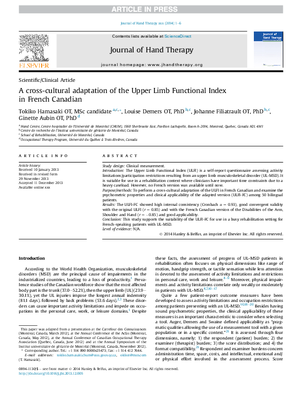 Pdf A Cross Cultural Adaptation Of The Upper Limb Functional Index In French Canadian