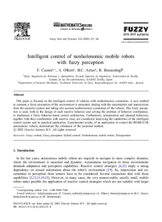 (PDF) Intelligent control of nonholonomic mobile robots with fuzzy perception