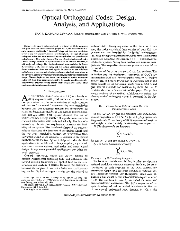 (PDF) Optical orthogonal codes: design, analysis and applications
