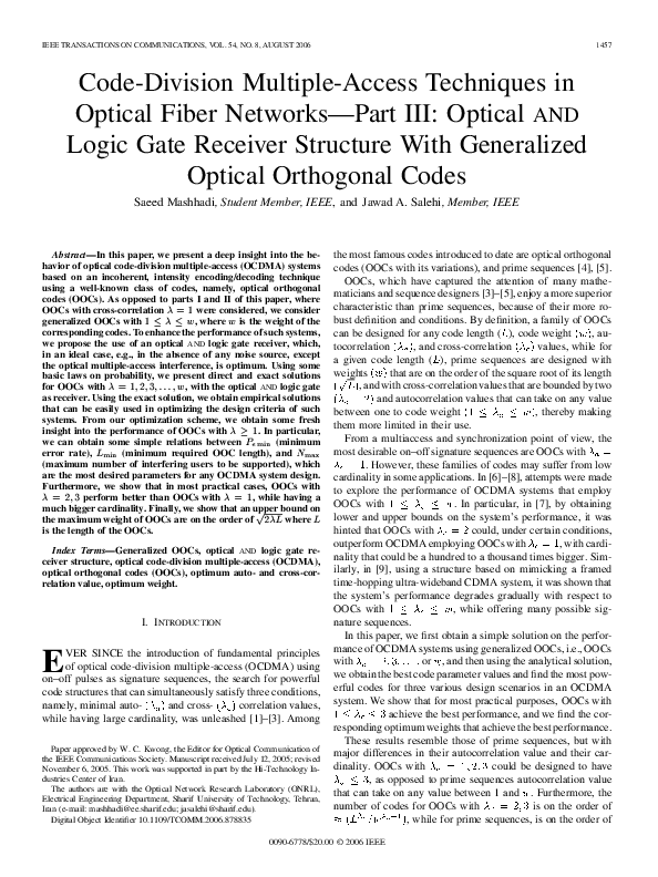 (PDF) Code-division multiple-access techniques in optical fiber networks - part III: optical AND ...