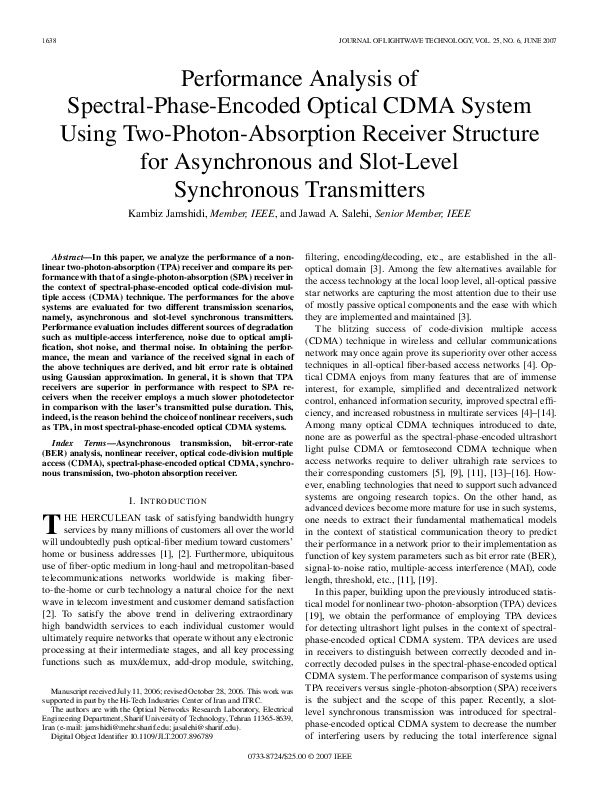 Pdf Performance Analysis Of Spectral Phase Encoded Optical Cdma System Using Two Photon