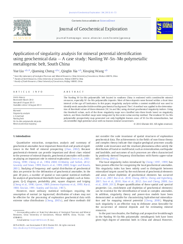 (PDF) Application of singularity analysis for mineral potential identification using geochemical ...
