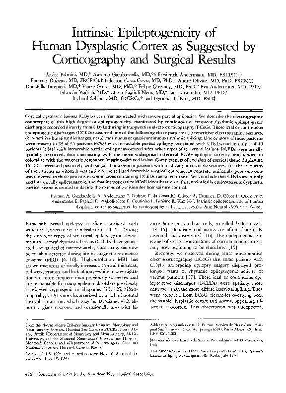 (PDF) Intrinsic Epileptogenicity of Human Dysplastic Cortex As Suggested by Corticography and ...