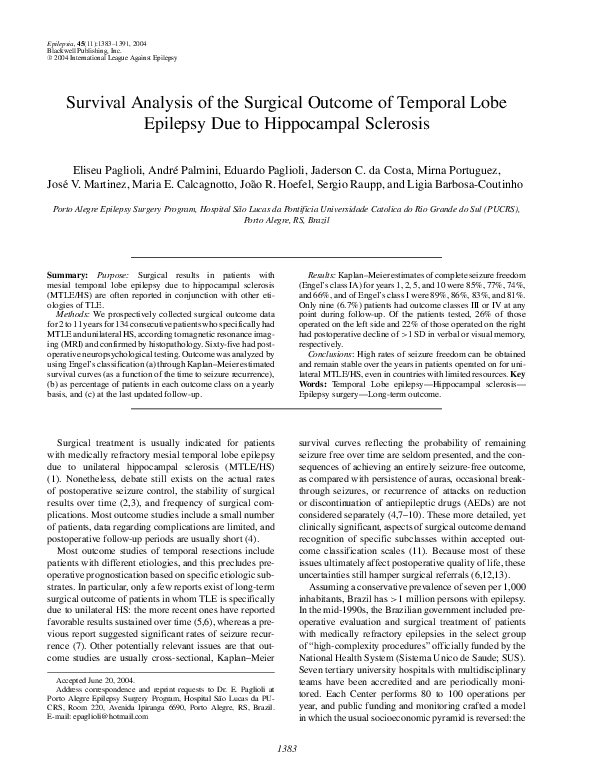 (PDF) Survival analysis of the surgical outcome of temporal lobe epilepsy due to hippocampal ...